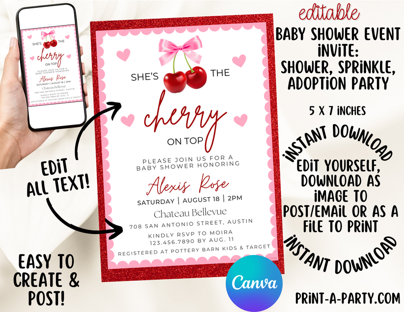 Cherry Baby Shower Invitation – “She’s the Cherry on Top” Editable Pri ...