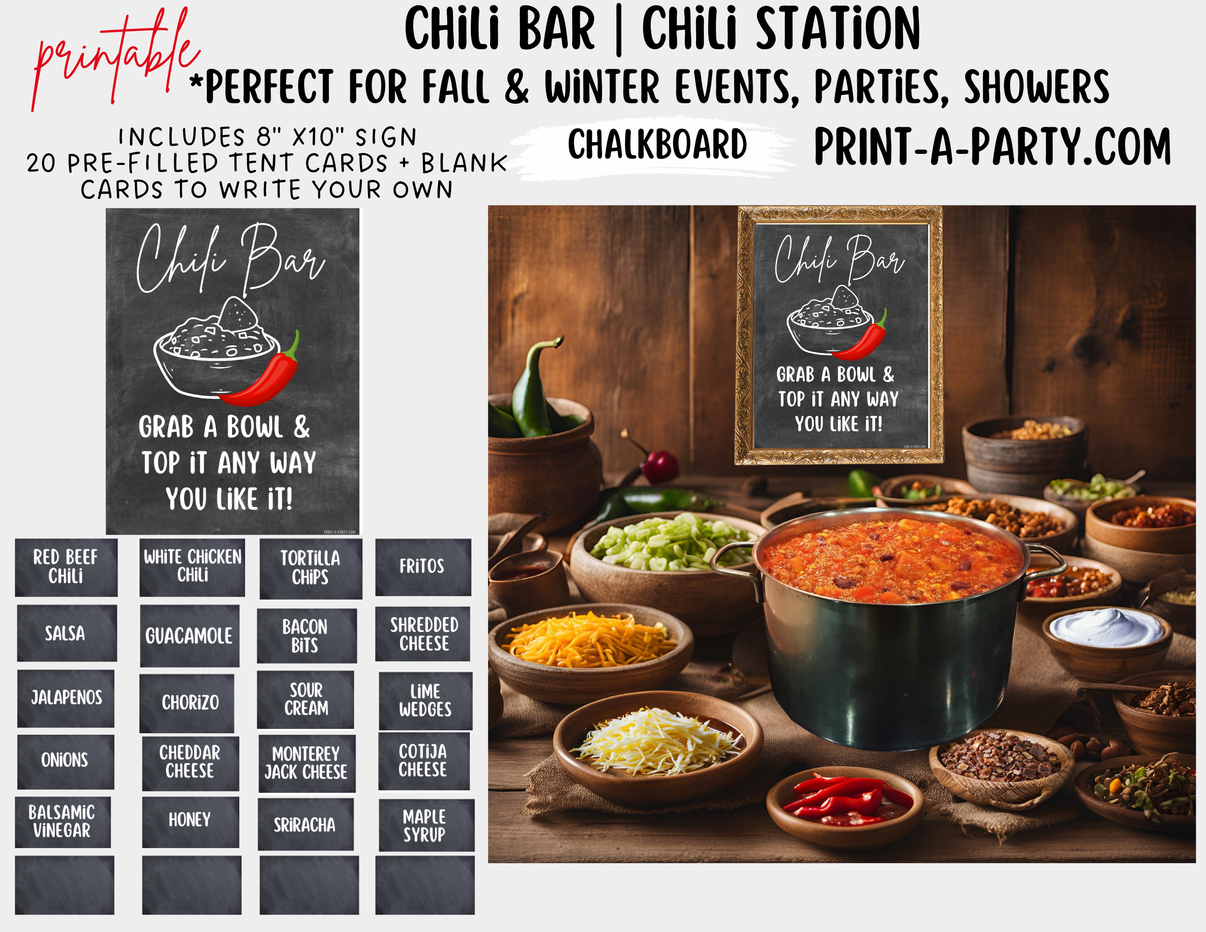 Printable CHILI BAR | CHILI STATION Setup - Chalkboard | Chili Bar Sign ...