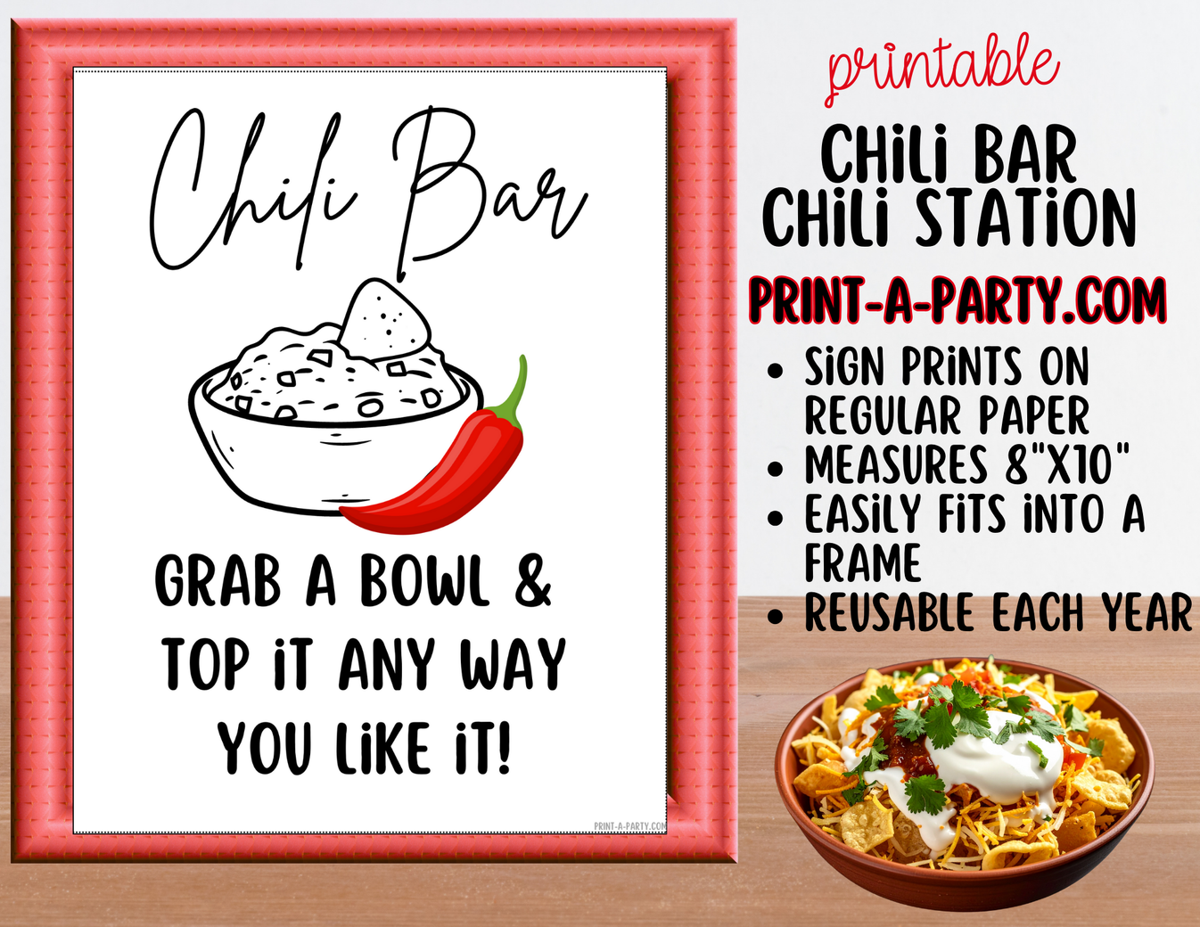 Chili Bar Printable Sign (8x10) + Toppings Tent Cards – Perfect for Fa ...