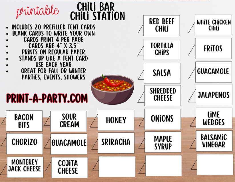 Chili Bar Printable Sign (8x10) + Toppings Tent Cards – Perfect for Fa ...