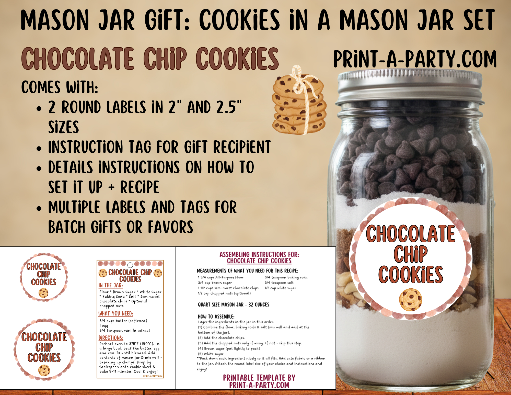 Chocolate Chip Cookies in a Printable Mason Jar Gift - Labels & Tag, R – PrintAParty