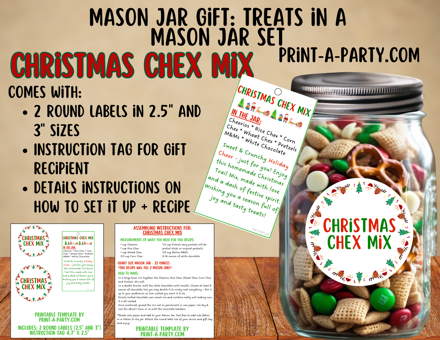 Christmas Chex Mix in a Mason Jar Gift | Printable Kit | includes ...