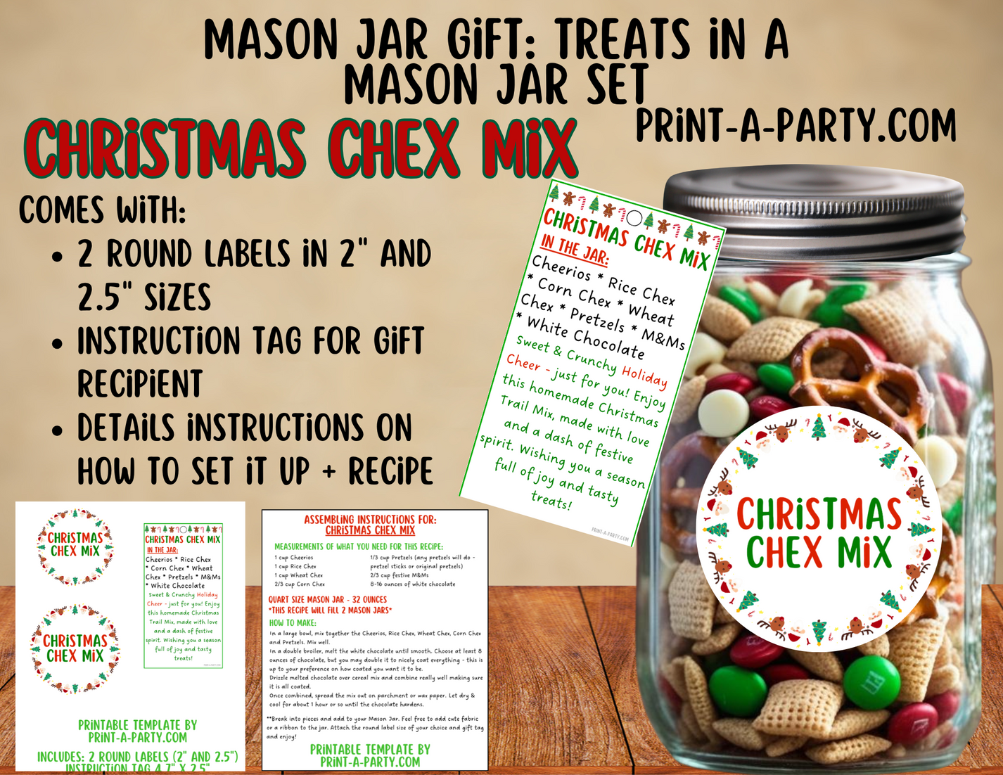 Christmas Chex Mix in a Mason Jar Gift | Printable Kit | includes labels and instructions for ...