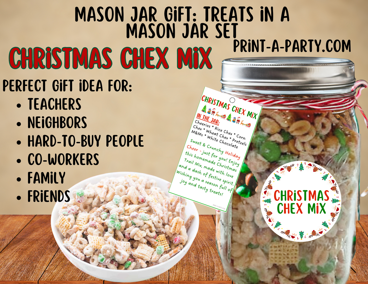 Christmas Chex Mix in a Mason Jar Gift | Printable Kit | includes ...