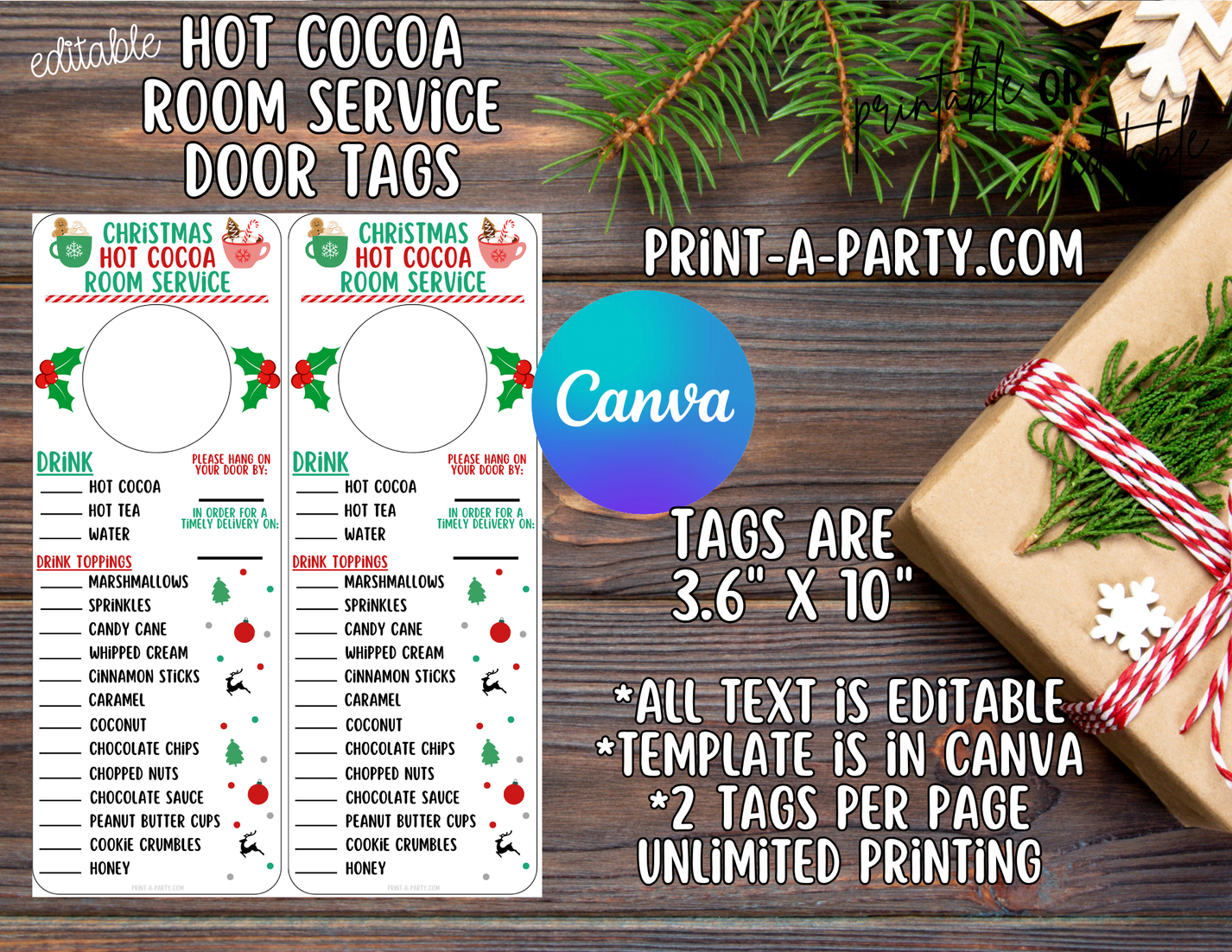 Holiday Appreciation HOT CHOCOLATE ROOM SERVICE TAGS - Editable Printa ...