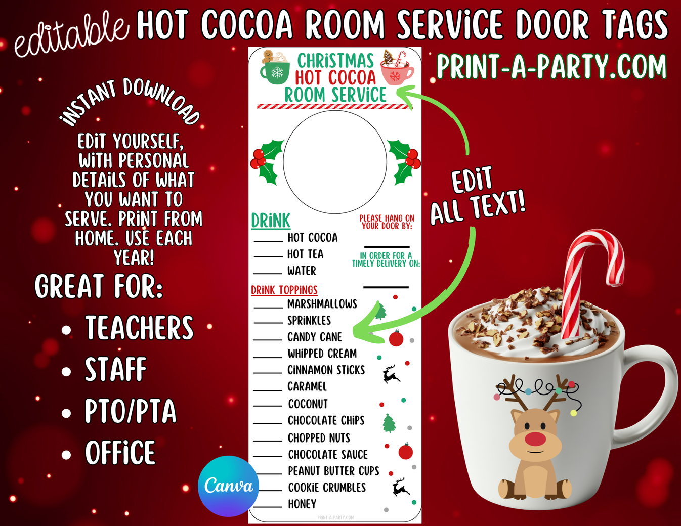 Holiday Appreciation HOT CHOCOLATE ROOM SERVICE TAGS - Editable Printa ...