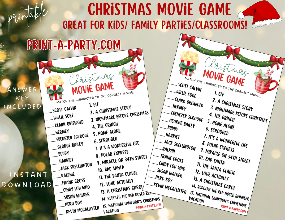 CHRISTMAS MOVIE GAME - Printable Christmas Movie Matching Game | Holid ...