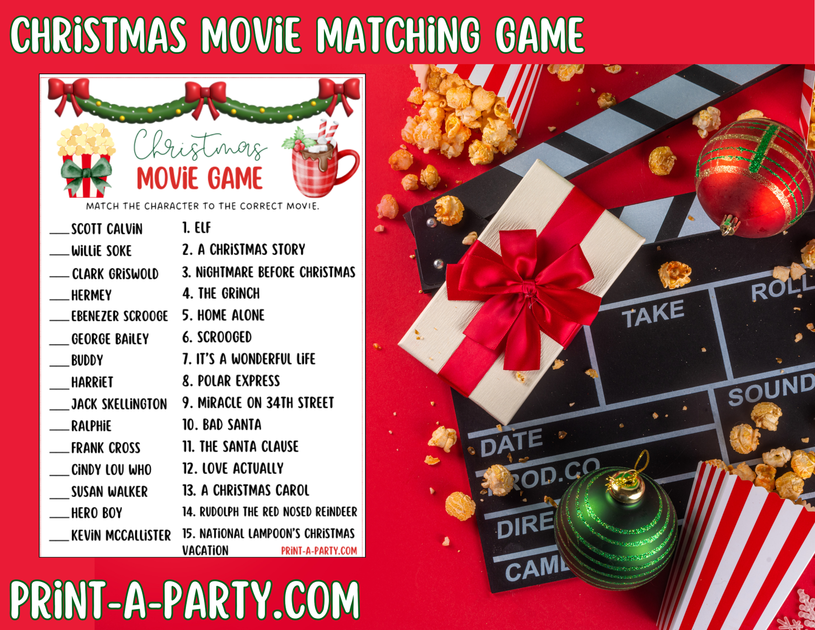 CHRISTMAS MOVIE GAME - Printable Christmas Movie Matching Game | Holid ...