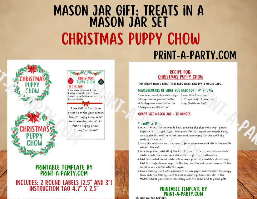 Christmas Puppy Chow in a Mason Jar Gift | Printable Kit | includes ...