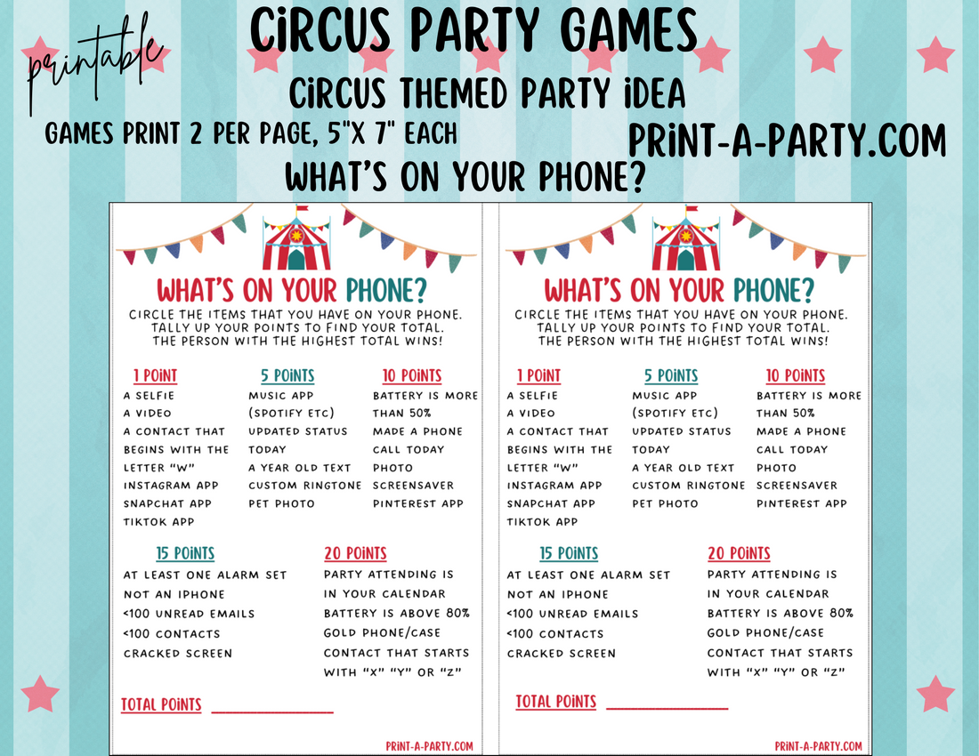Circus Party Printable Games Bundle – 5 Fun Circus Games (5x7 Instant ...
