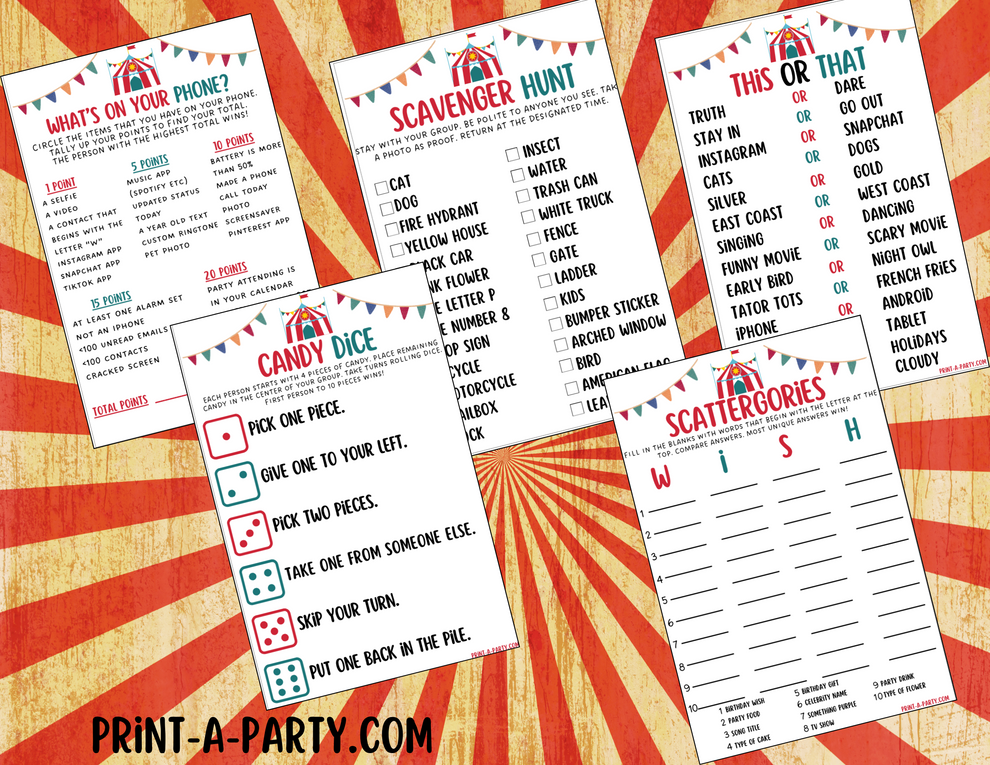 Circus Party Printable Games Bundle – 5 Fun Circus Games (5x7 Instant ...