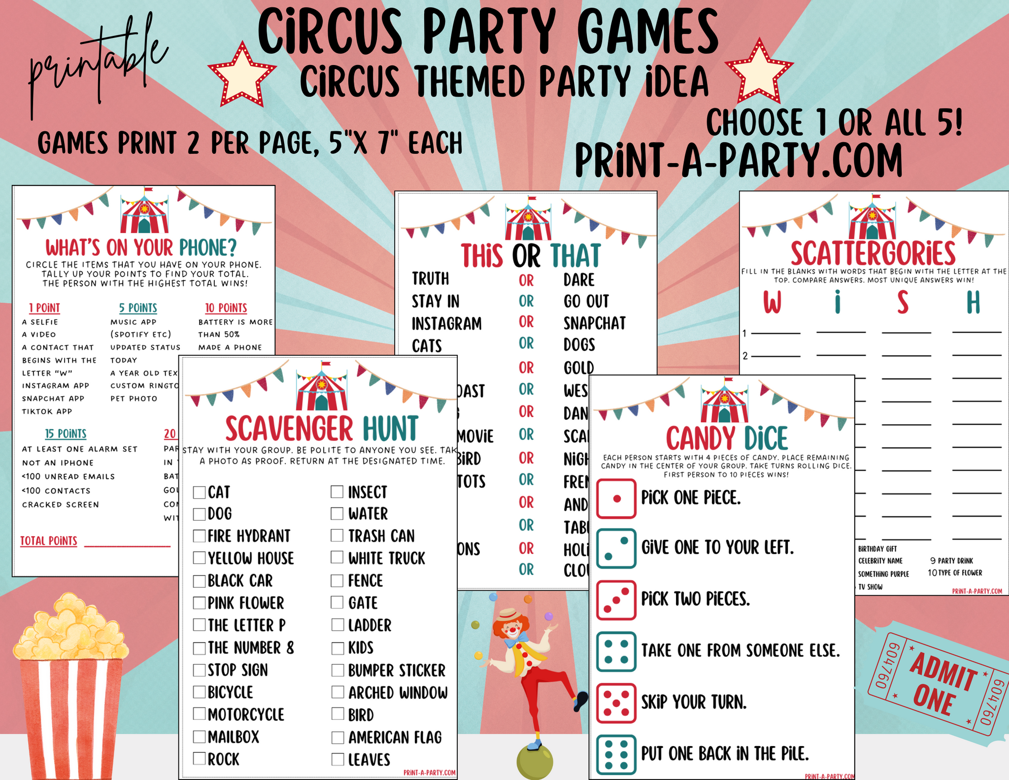 Circus Party Printable Games Bundle – 5 Fun Circus Games (5x7 Instant ...