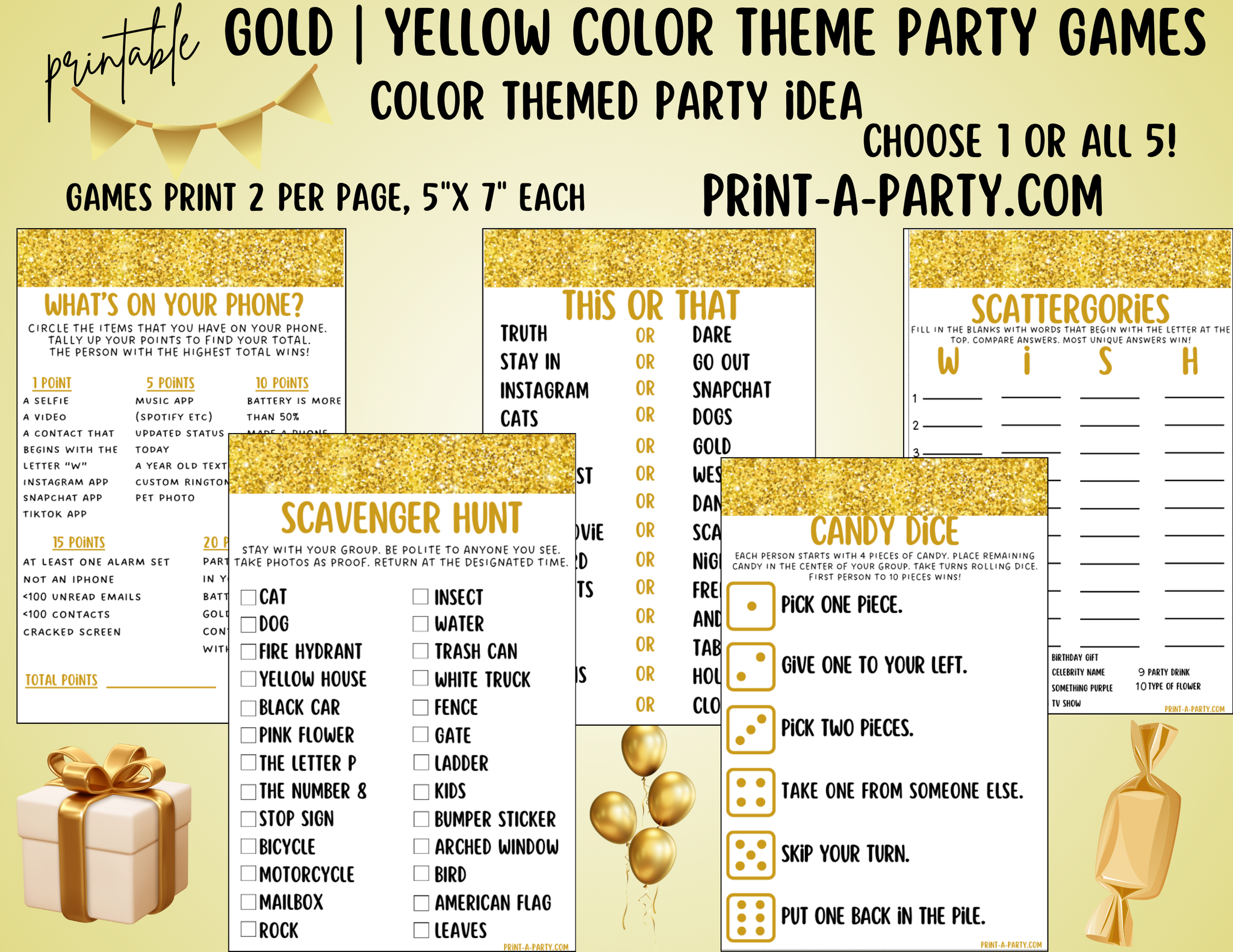Color Party Games Printable Gold/Yellow Color Party Theme Games Bundle ...