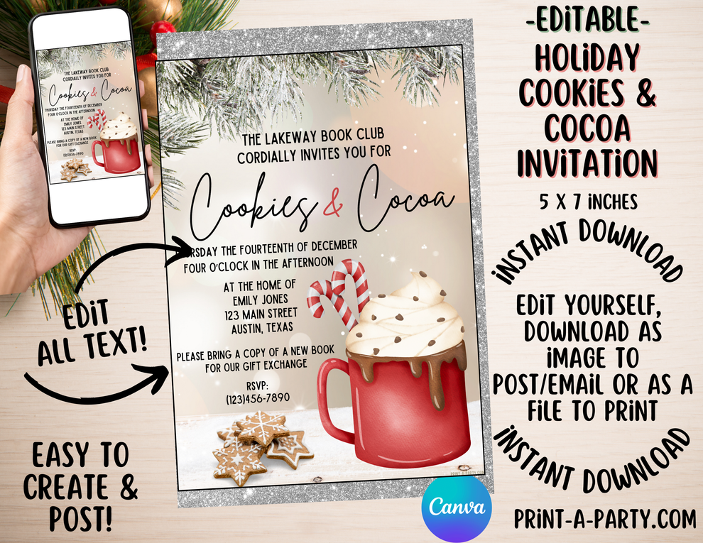 COOKIES & COCOA Editable Christmas Holiday Invite for Friends, Family ...