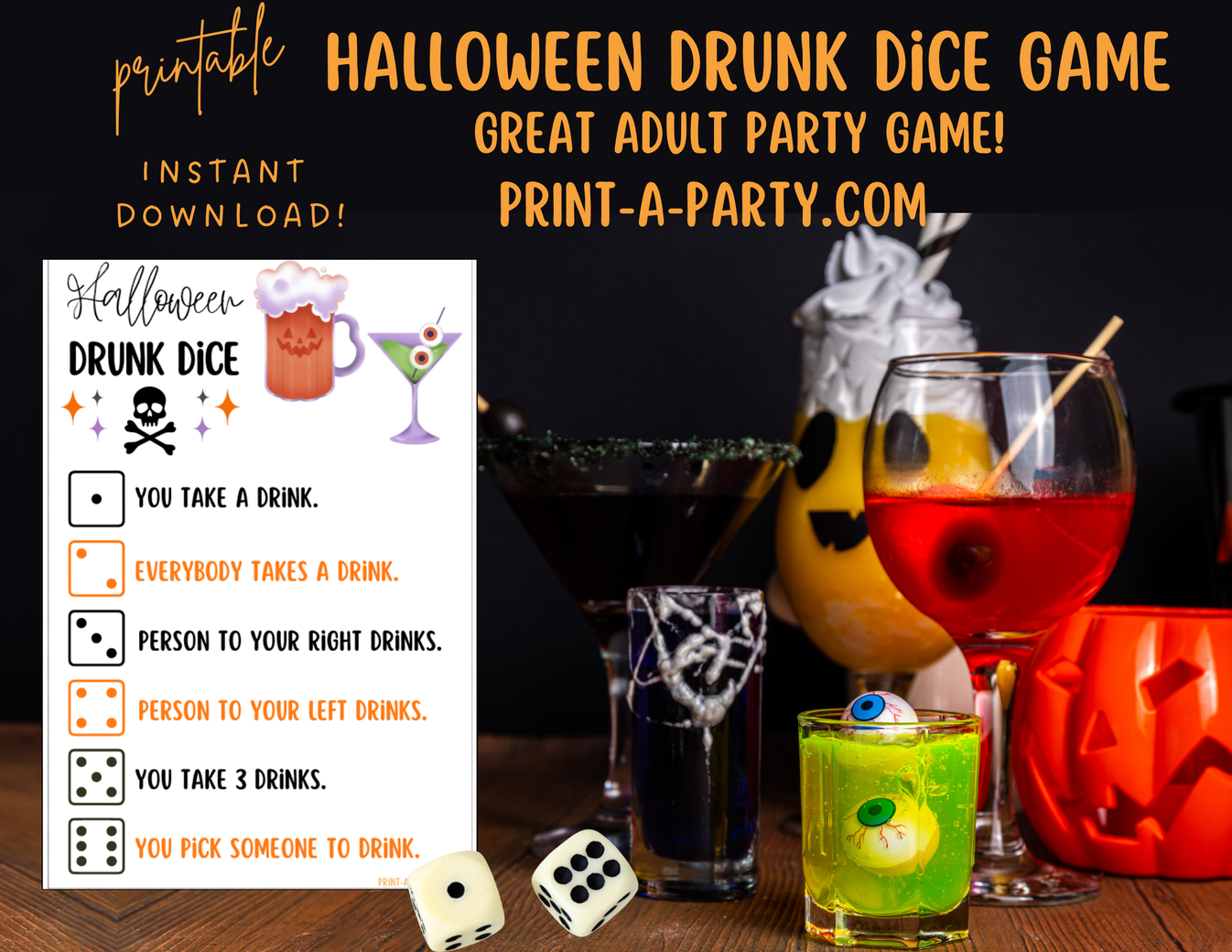 DRUNK DICE GAME: Printable Halloween Drunk Dice Game – Fun Adult Party ...
