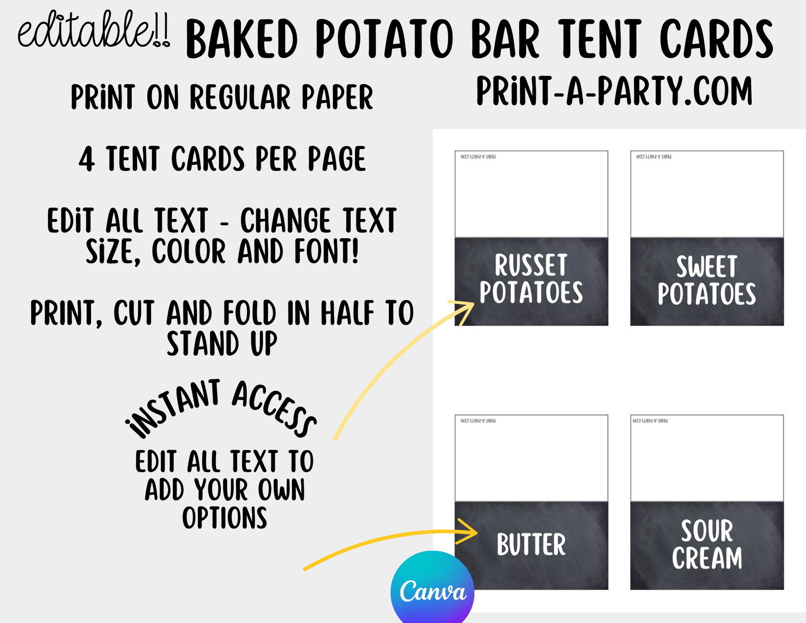 Editable BAKED POTATO BAR - Sign and Food Labels Template Chalkboard ...