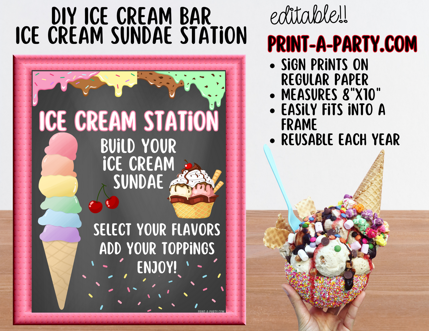 Editable ICE CREAM BAR - Ice Cream Sundae Station - Chalkboard Sign an ...