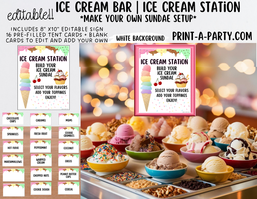 Editable ICE CREAM BAR - Ice Cream Sundae Station - White Sign and Top ...