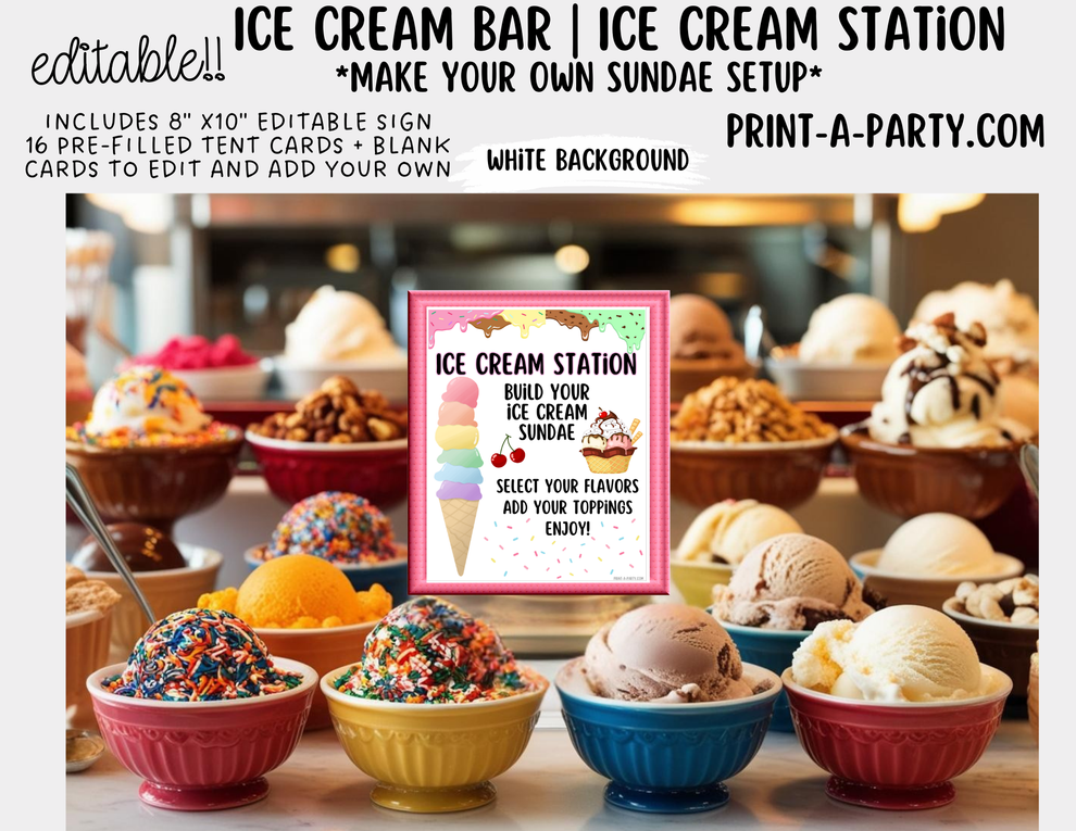 Editable ICE CREAM BAR - Ice Cream Sundae Station - White Sign and Top ...