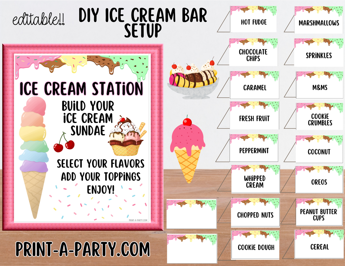 Editable ICE CREAM BAR - Ice Cream Sundae Station - White Sign and Top ...