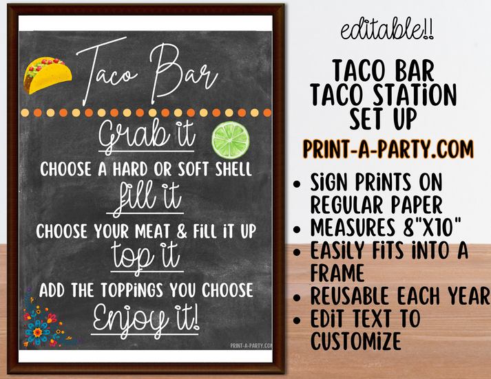 Editable TACO BAR - Chalkboard Sign and Toppings Label Templates for p ...