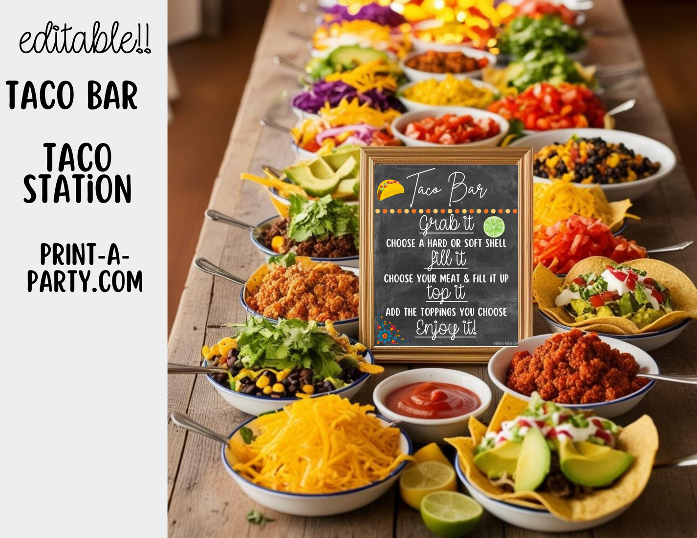 Editable TACO BAR - Chalkboard Sign and Toppings Label Templates for p ...