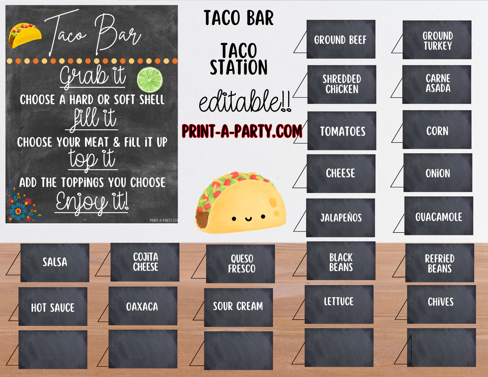 Editable TACO BAR - Chalkboard Sign and Toppings Label Templates for p ...