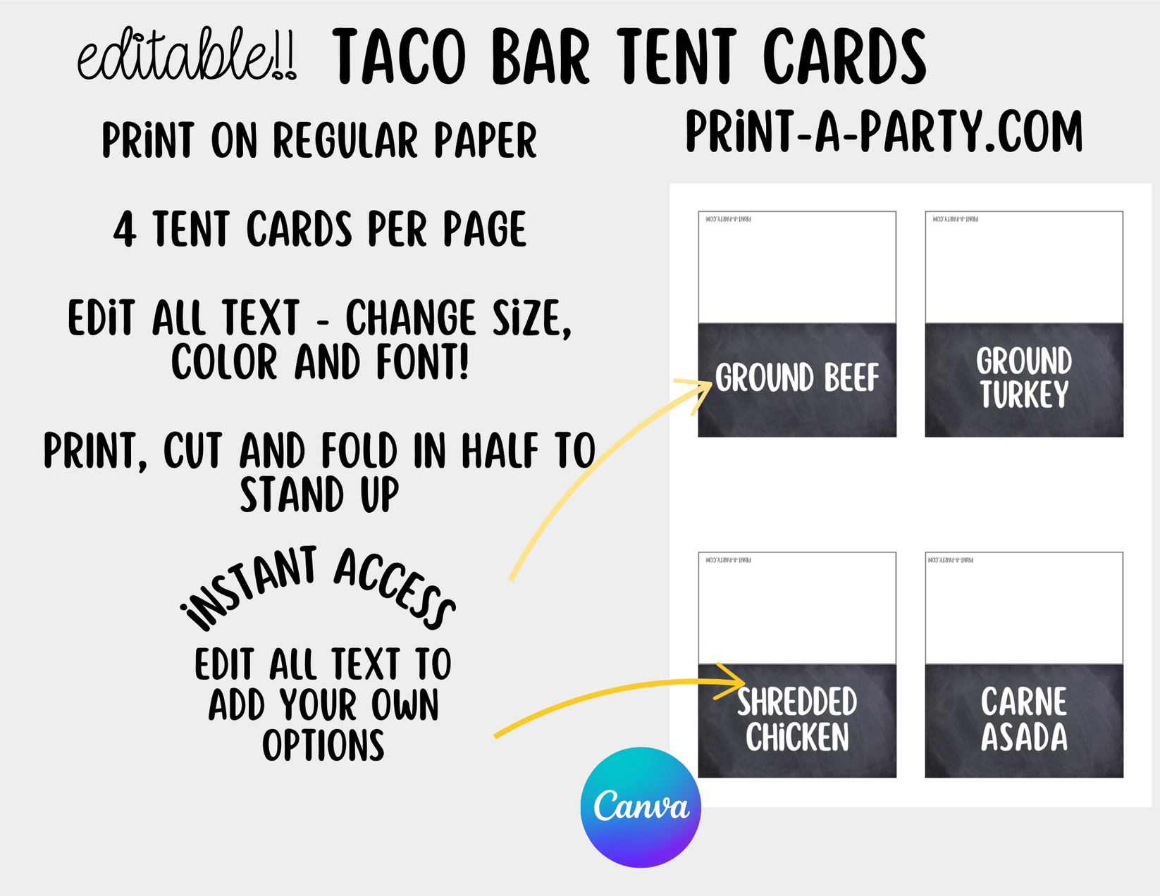 Editable TACO BAR - Chalkboard Sign and Toppings Label Templates for p ...