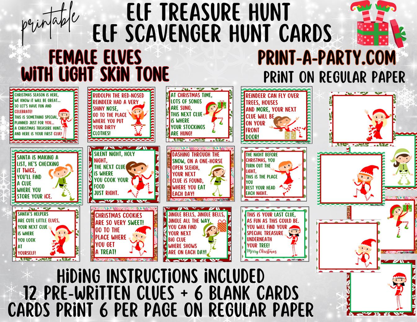 ELF TREASURE HUNT - Printable Female Elf (Light Skin Tones) Scavenger ...