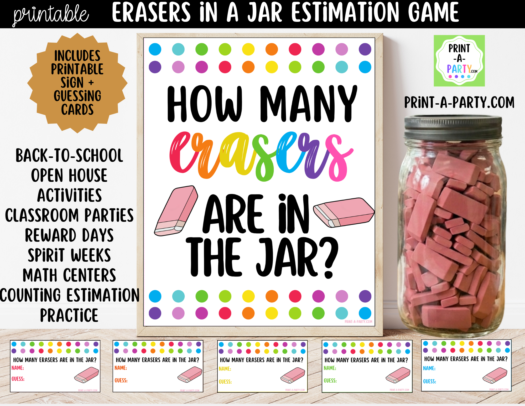 How Many Erasers in Jar Guessing Game Printable – Sign + Guessing Card ...
