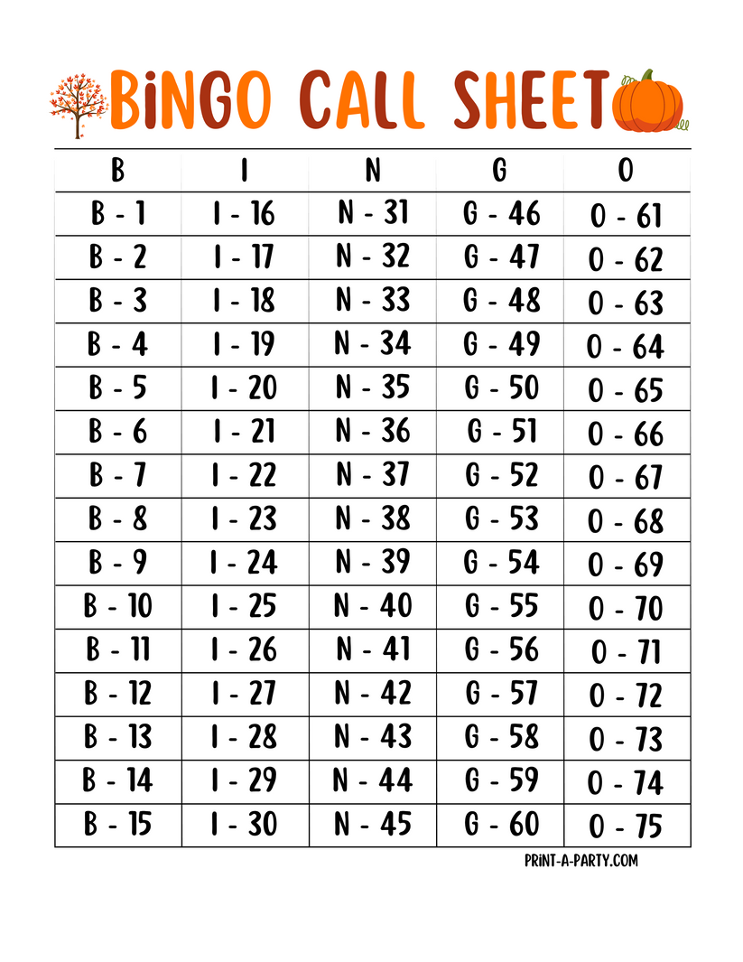 Printable Fall Bingo Game - 30, 40, 50 cards + call sheets for Fall ...
