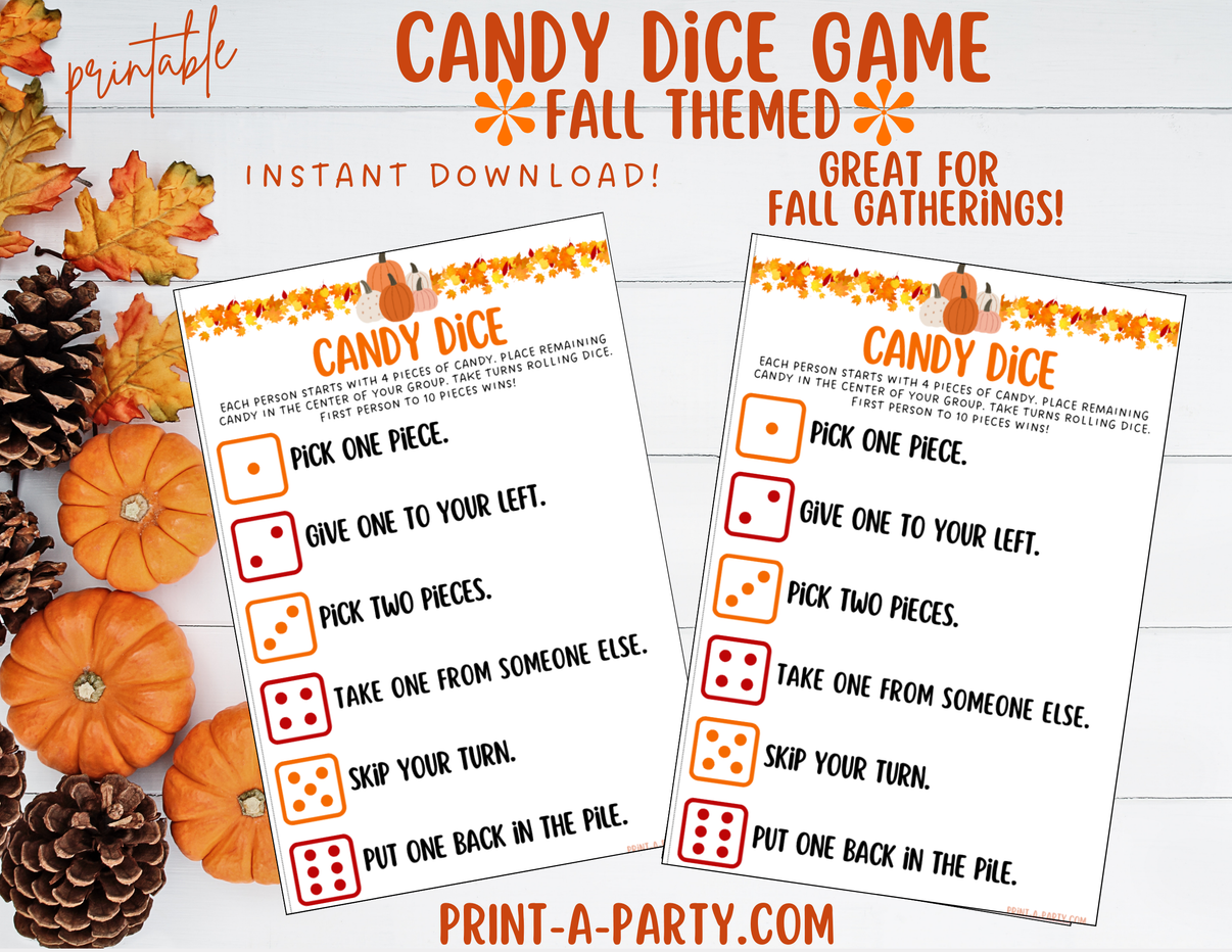 DICE GAME: Fall Candy Dice Game Printable | Autumn Party Game for Kids ...