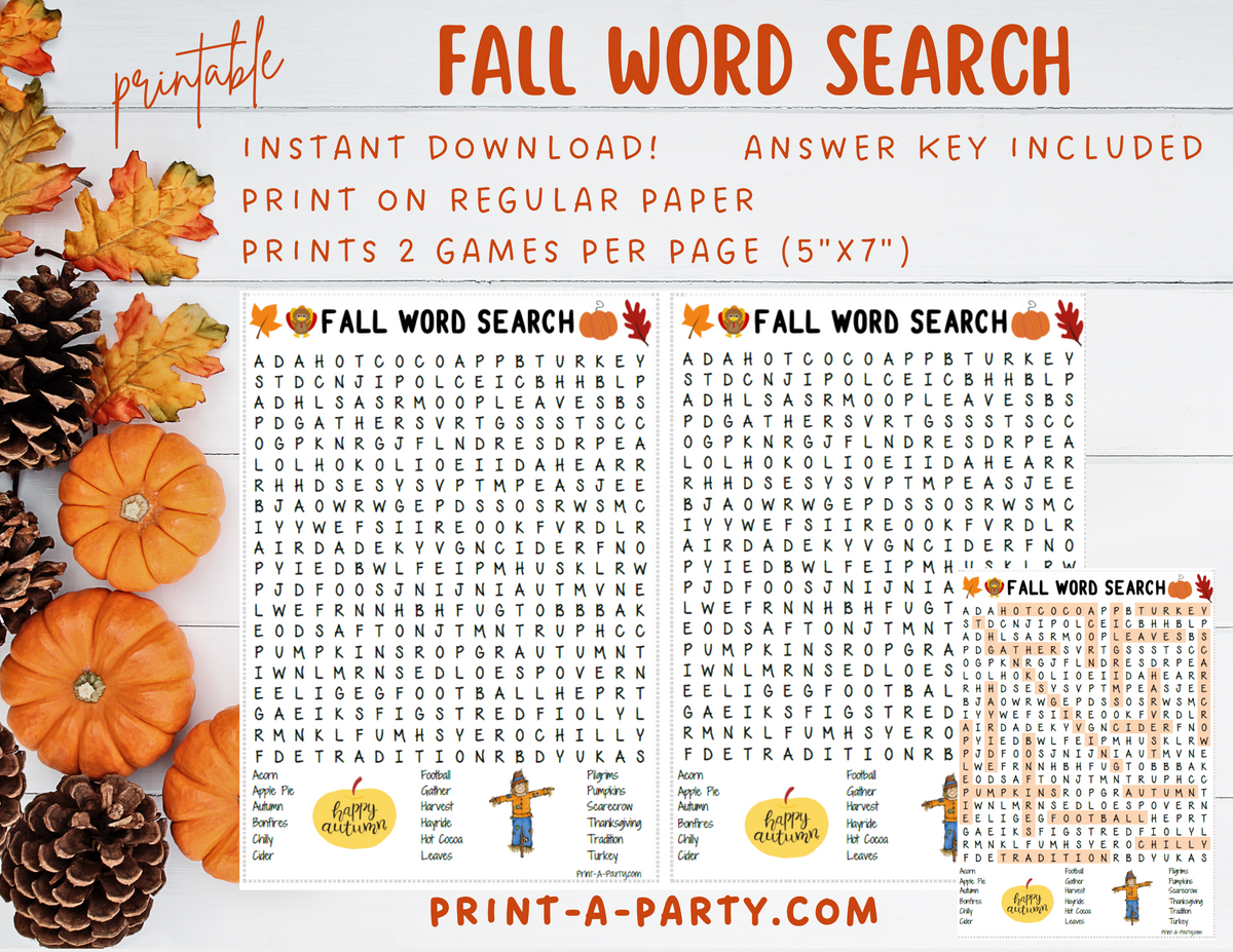Fall Word Search for Classrooms, Parties or Holidays – PrintAParty