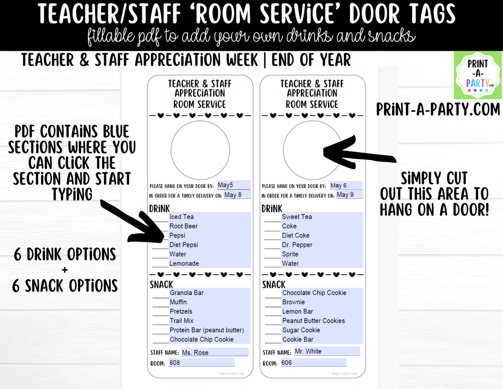 Room Service Door Tags - Editable via a Fillable PDF for Teacher Staff ...