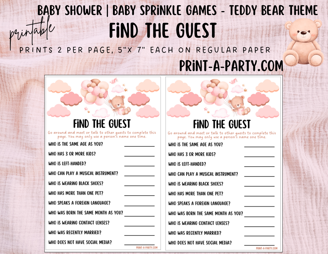 GAMES Teddy Bear Pink Baby Shower, 5 x 7 Instant Download Games ...