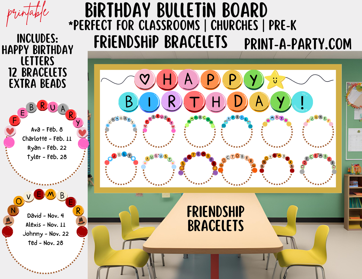 Birthday Bulletin Board Printable Friendship Bracelet Decor for ...