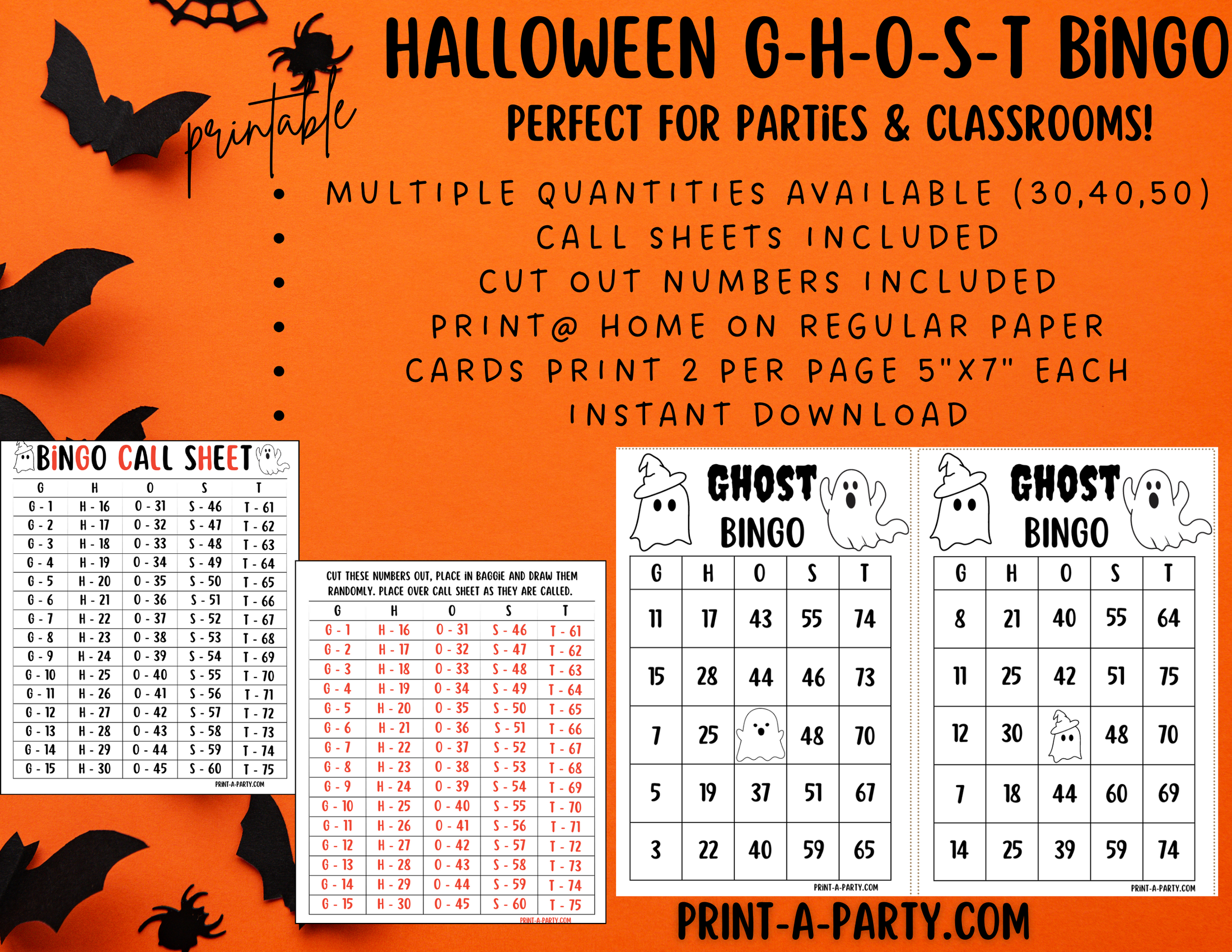 BINGO: Halloween Ghost Bingo Game Printable – Fun G-H-O-S-T Version fo ...
