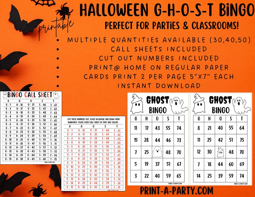 BINGO: Halloween Ghost Bingo Game Printable – Fun G-H-O-S-T Version fo ...