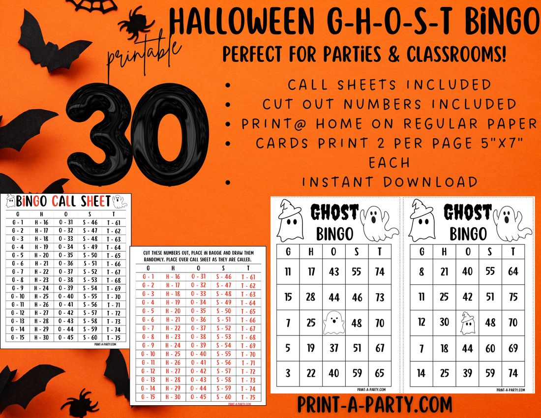 Printable Halloween Ghost Bingo G-H-O-S-T in 30, 40 or 50 cards + call ...