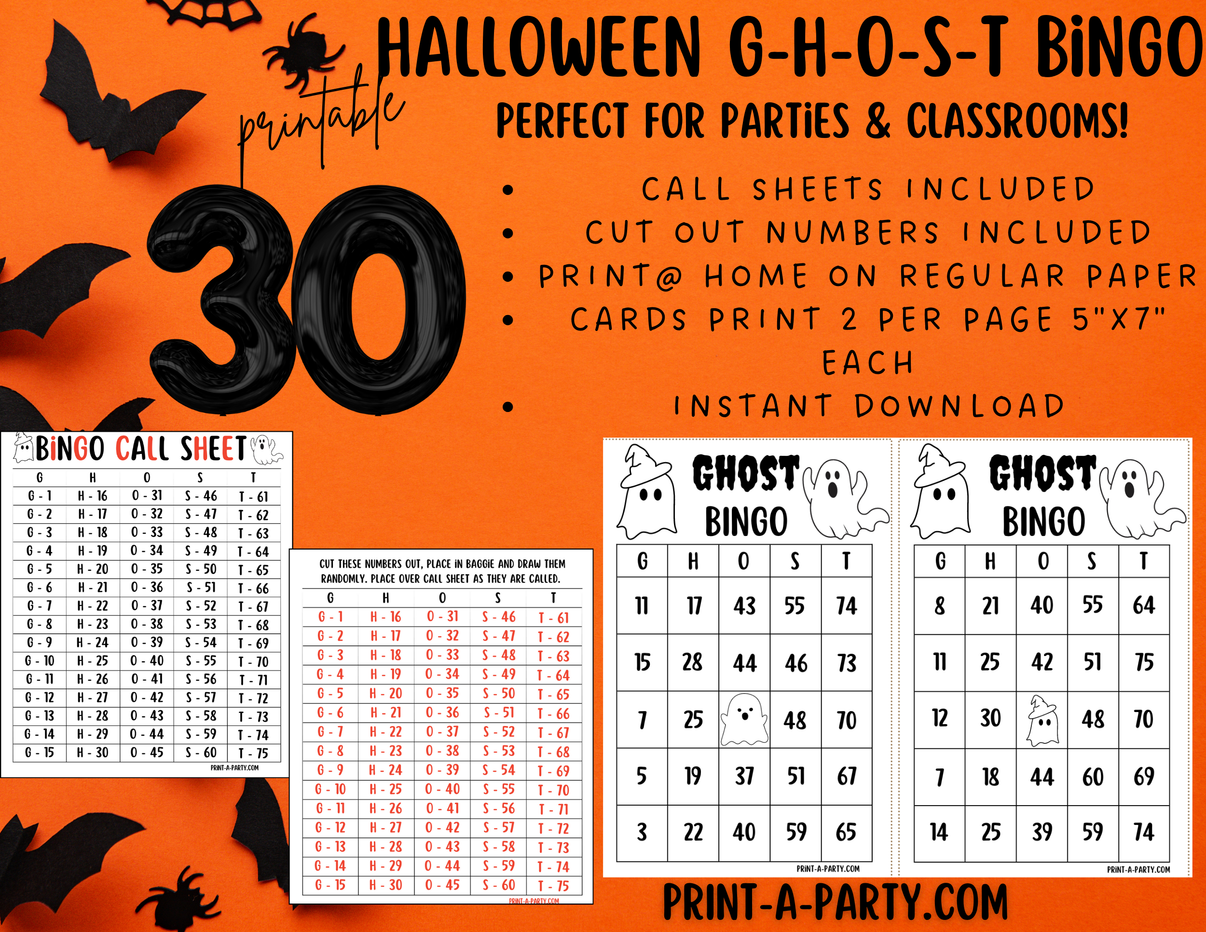 Printable Halloween Ghost Bingo G-H-O-S-T in 30, 40 or 50 cards + call ...