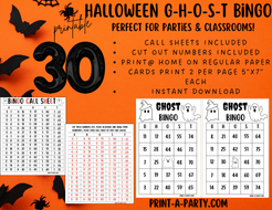 BINGO: Halloween Ghost Bingo Game Printable – Fun G-H-O-S-T Version fo ...