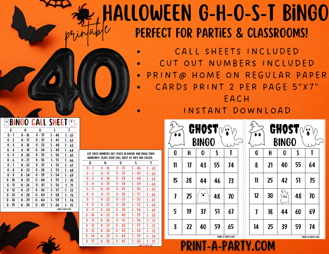 Printable Halloween Ghost Bingo G-H-O-S-T in 30, 40 or 50 cards + call ...
