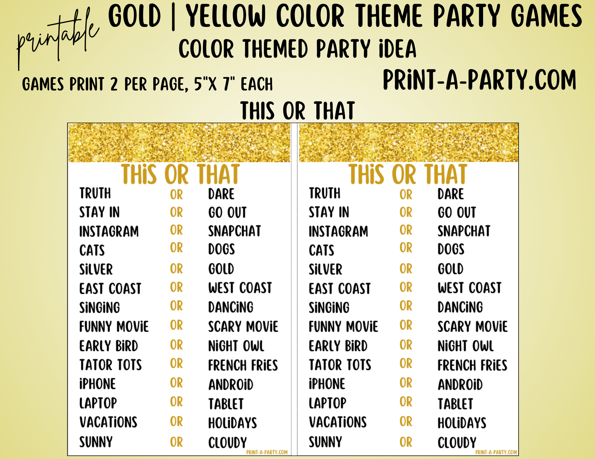 Color Party Games Printable Gold/Yellow Color Party Theme Games Bundle ...
