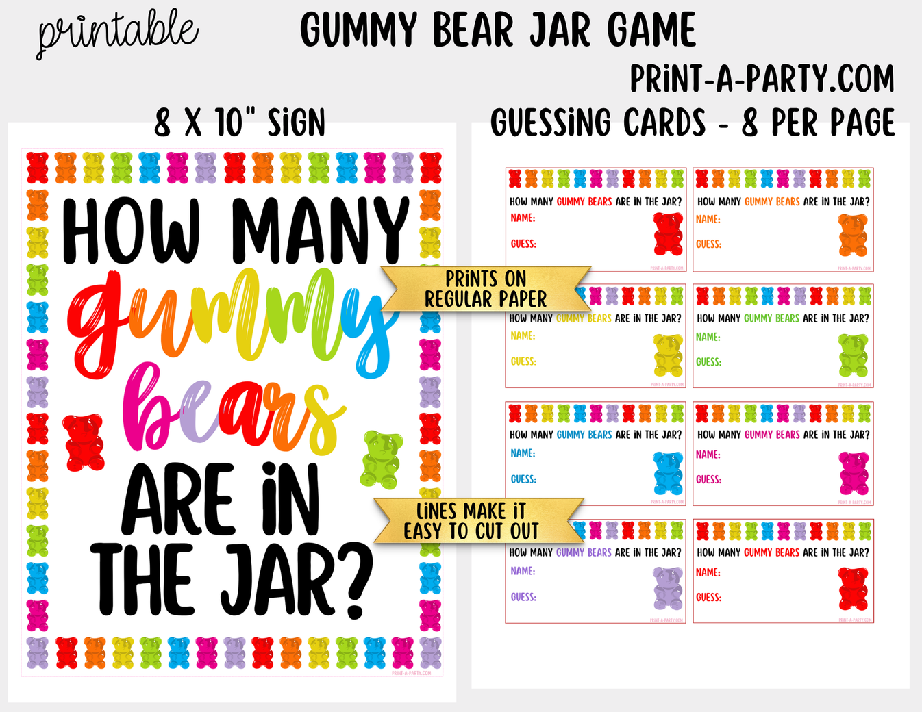 Gummy Bear Candy Jar Guessing Game Printable Sign (8x10) + Guessing Ca ...