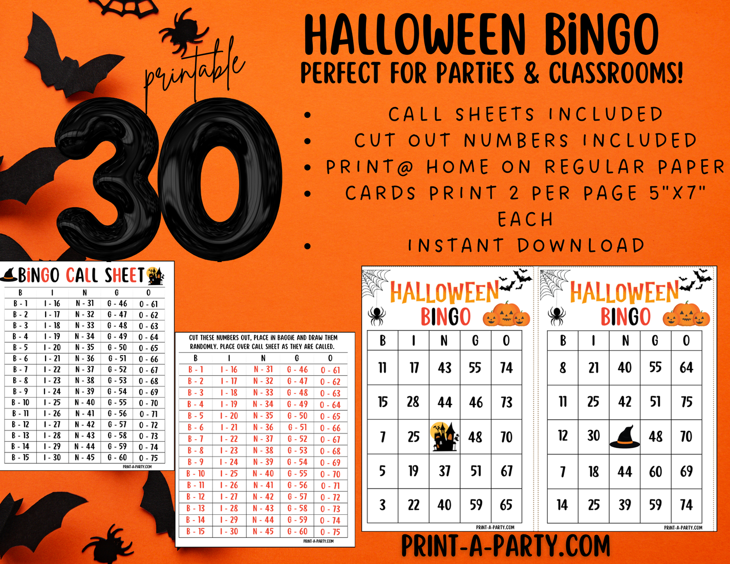 Printable Halloween Bingo Game - 30, 40 or 50 cards + call sheets ...