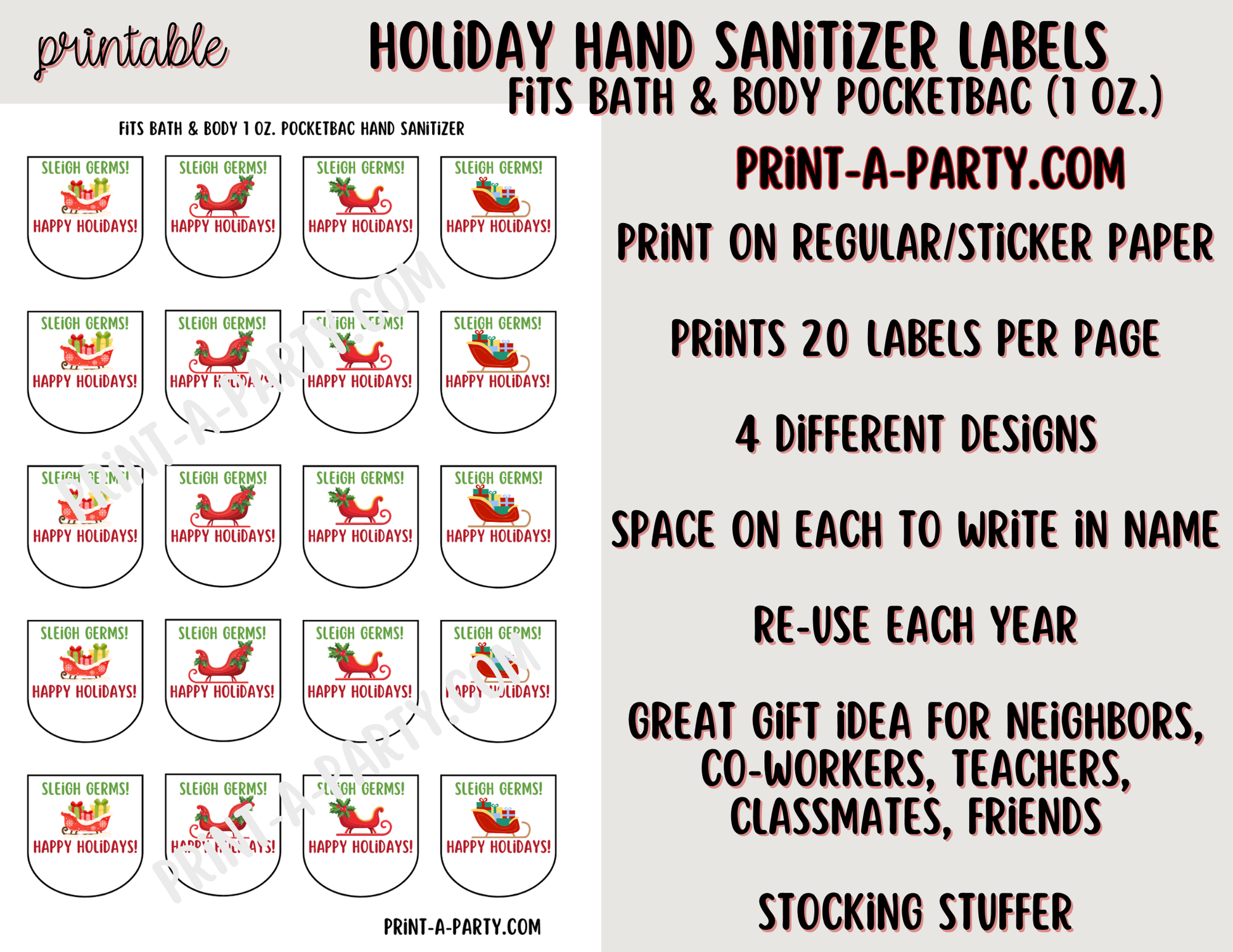 DIY Holiday Hand Sanitizer Labels -Sleigh theme – Printable Holiday ta ...
