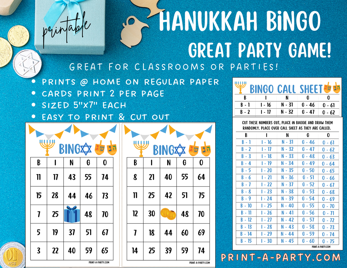 Printable Hanukkah Bingo Game - 30, 40 or 50 cards + call sheets ...
