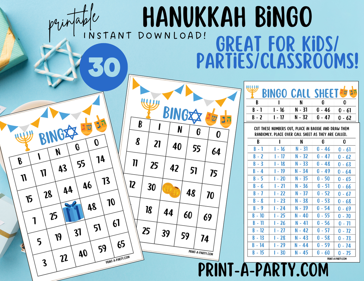 Printable Hanukkah Bingo Game - 30, 40 or 50 cards + call sheets ...