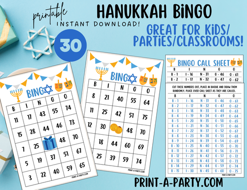 Printable Hanukkah Bingo Game - 30, 40 or 50 cards + call sheets ...