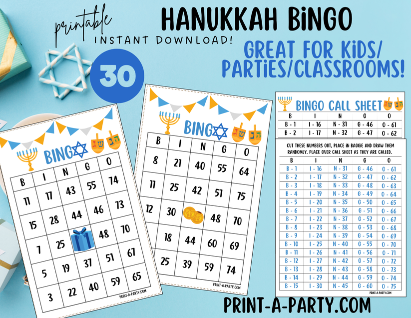 Printable Hanukkah Bingo Game - 30, 40 or 50 cards + call sheets ...